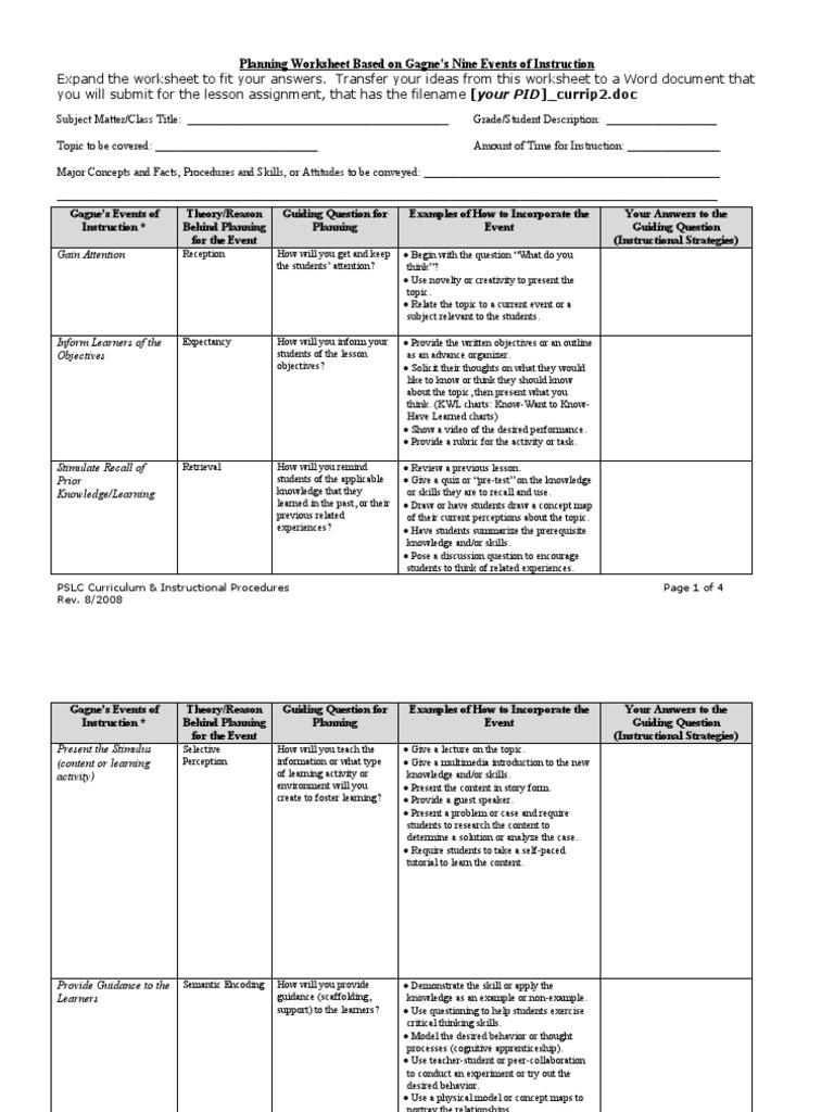 Planning Worksheet Based On Gagne's Nine Events of Instruction | PDF ...