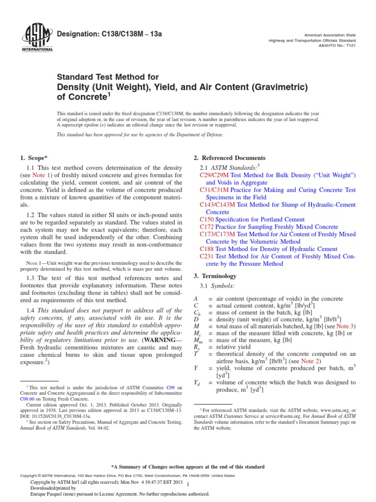 Astm C 138 | PDF | Concrete | Density