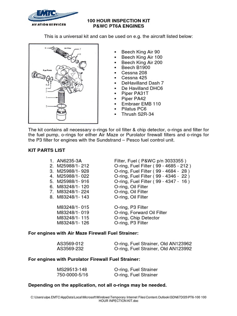 100 Hour Inspection Kit P&WC Pt6A Engines | PDF | Computing | Microsoft ...