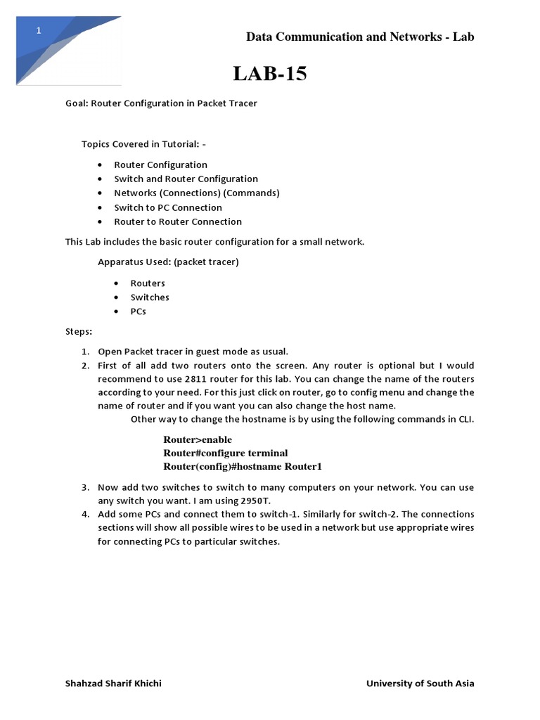 Data Communication and Networks - Lab: Router Enable Router#configure Terminal Router (Config) # ...