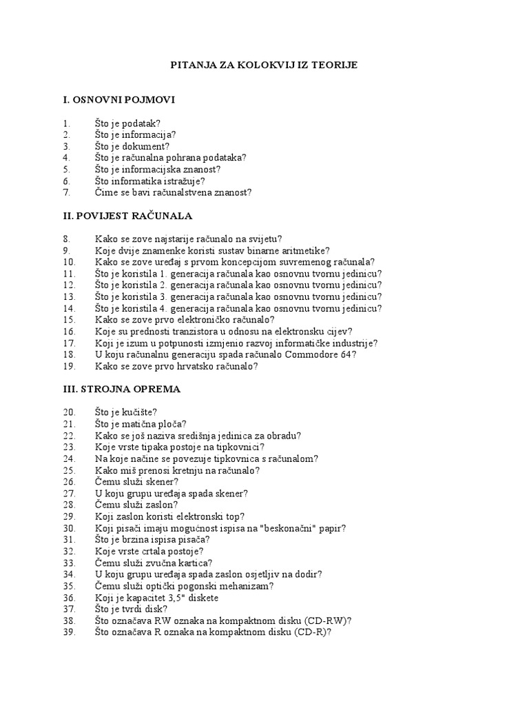 Pitanja Za Kolokvij Iz Teorije | PDF