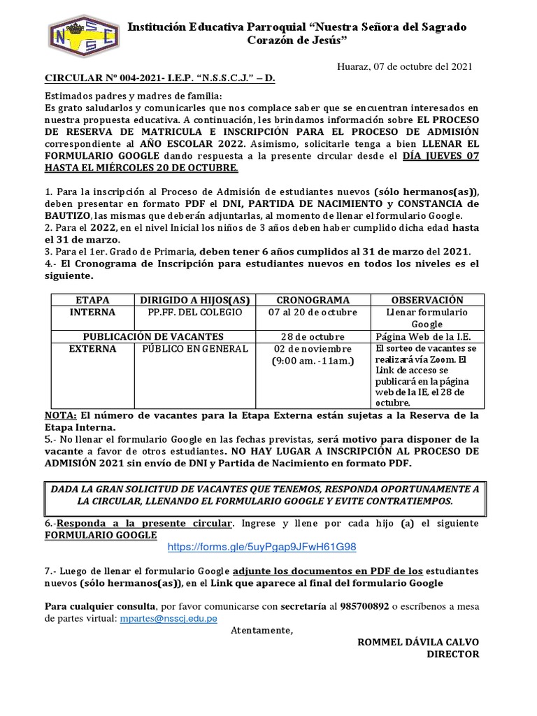 Proceso de Admisión 2022 NSSCJ Huaraz | PDF