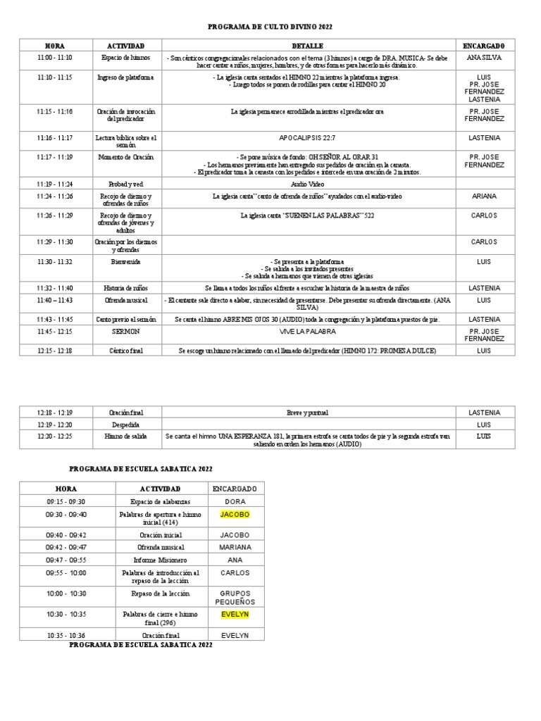 Programa de Culto Divino 2022 | PDF