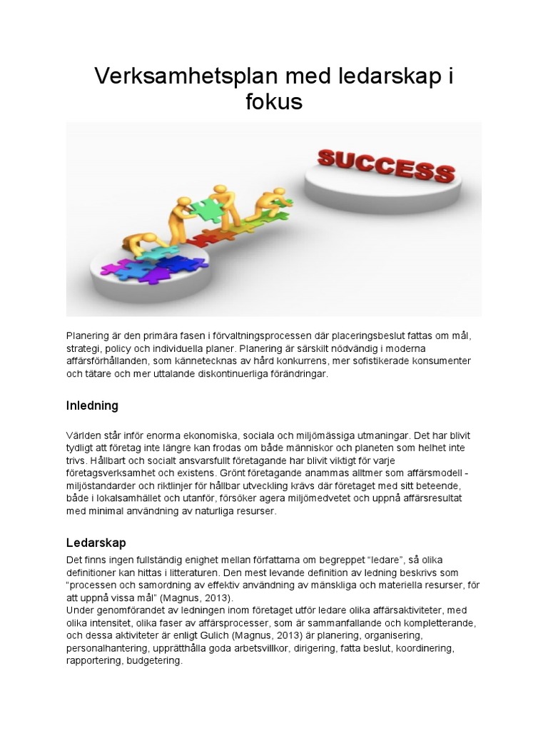 Verksamhetsplan Med Ledarskap I Fokus | PDF