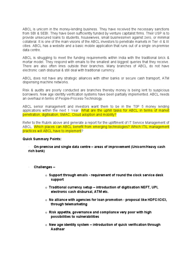 ABCL Case Study | PDF | Loans | Automated Teller Machine