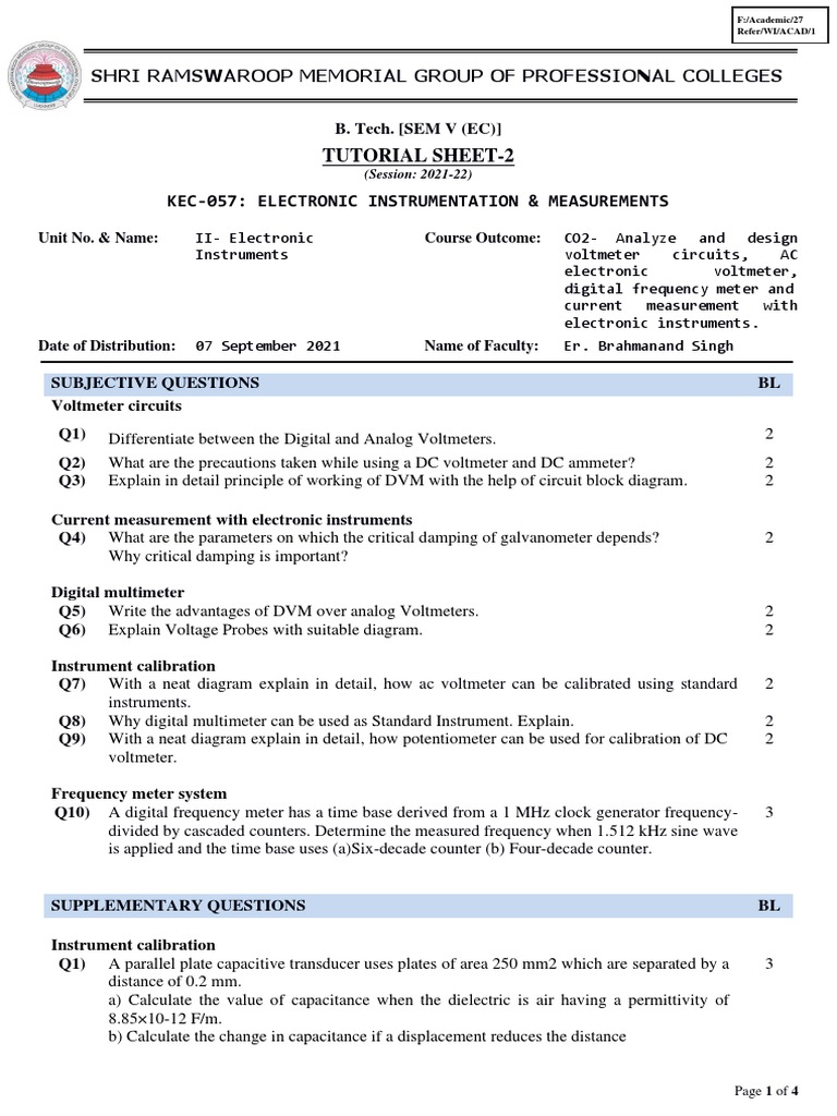 Tutorial Sheet-2: Kec-057: Electronic Instrumentation & Measurements | PDF | Electrical ...