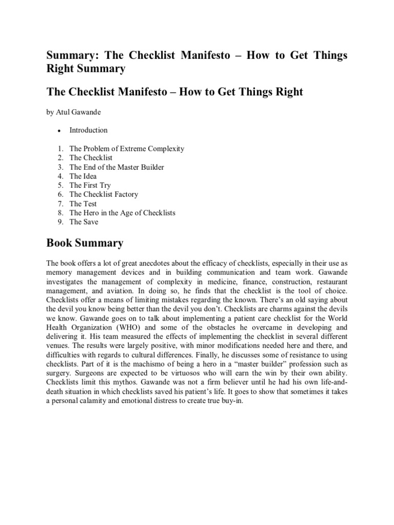 The Checklist Manifesto Summary | PDF