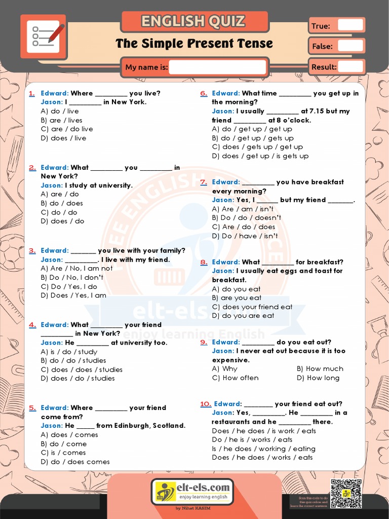 Quiz Present Simple | PDF | Cuisine | Food And Drink