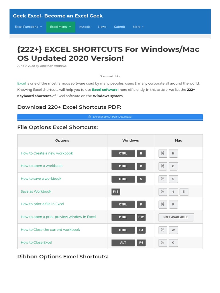 (222+) EXCEL SHORTCUTS For Windows/Mac OS Updated 2020 Version! | PDF | Microsoft Excel ...