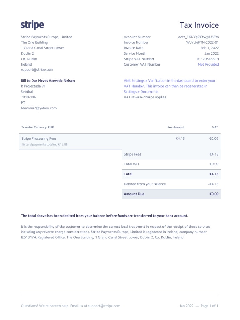 January 2022 Tax Invoice Detailing Stripe Processing Fees of €4.18 for 16 Card Payments Totaling ...