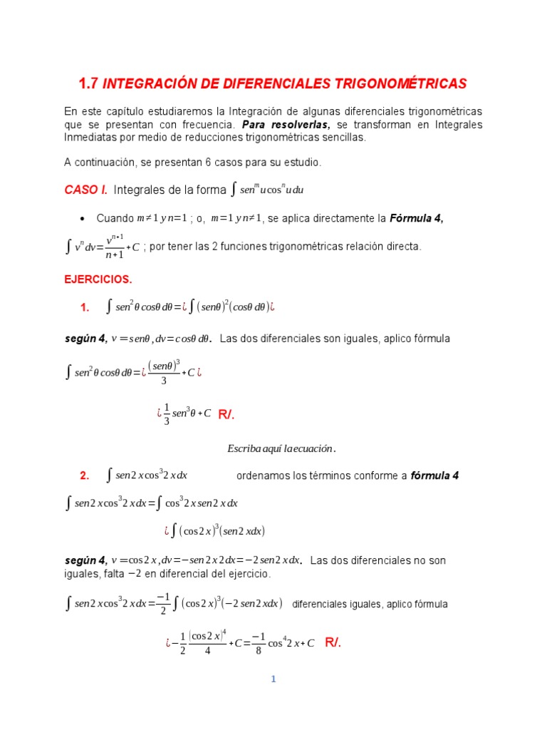 Integ. de Dif. Trigonom. (4 Casos) | PDF | Integral | Entero