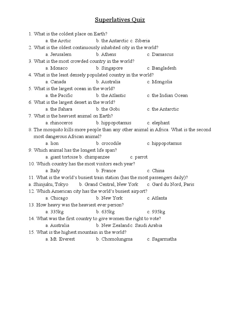 Superlative Practice | PDF | Travel | Science & Mathematics