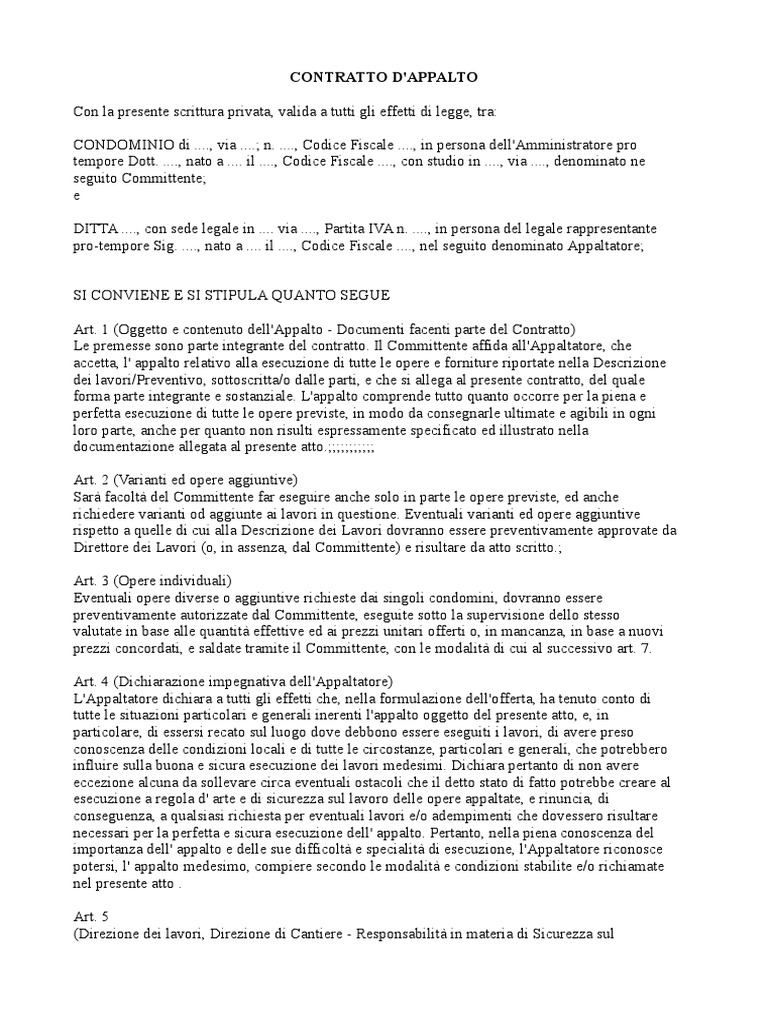 Fac Simile Contratto Di Appalto Lavori Edili Condominio | PDF Fac Simile Contratto Di Appalto Lavori Edili Condominio | PDF