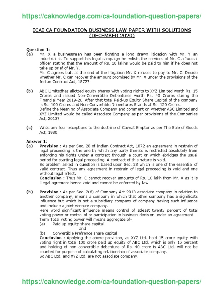 CA Foundation Business Law Solutions 2020 | PDF | Misrepresentation ...