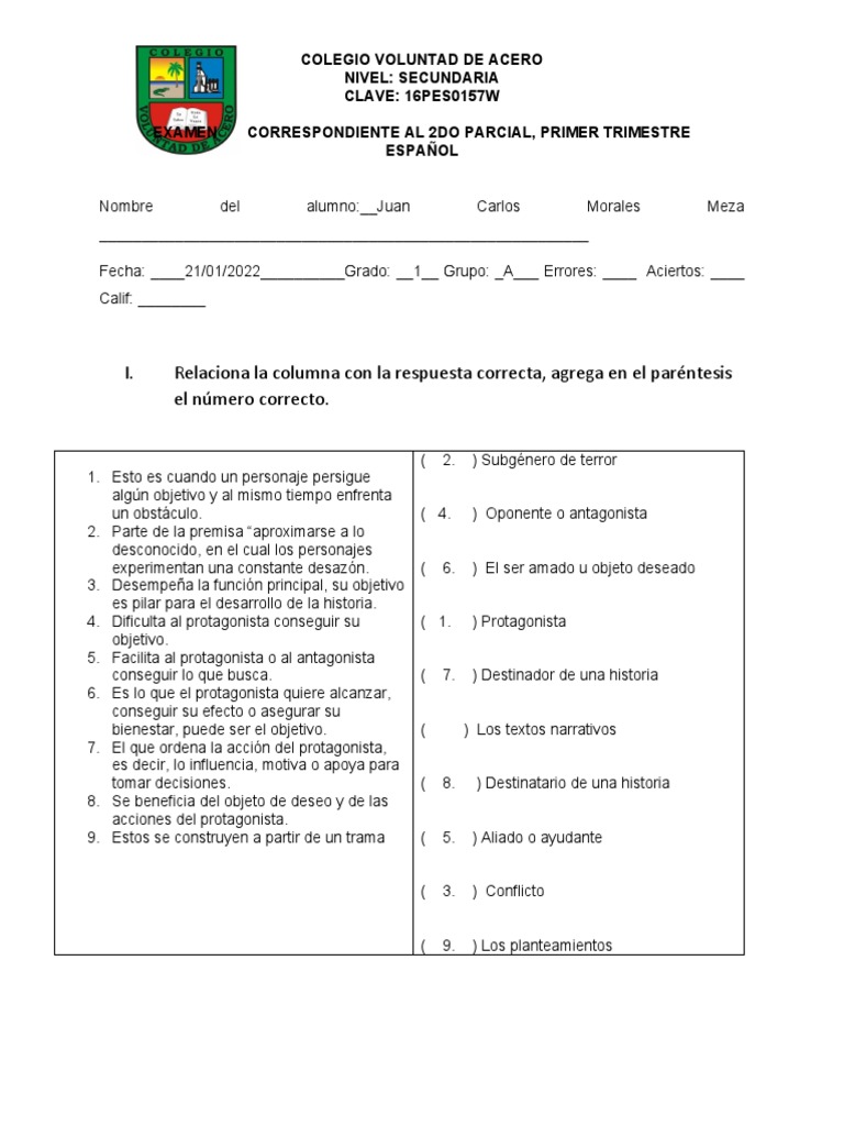 Examen Español 2P, 1T 2021 | PDF | Narración