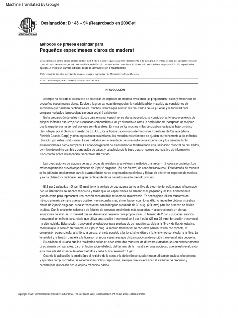 Astm d143-94 en Español | PDF | Estrés (Mecánica) | Madera