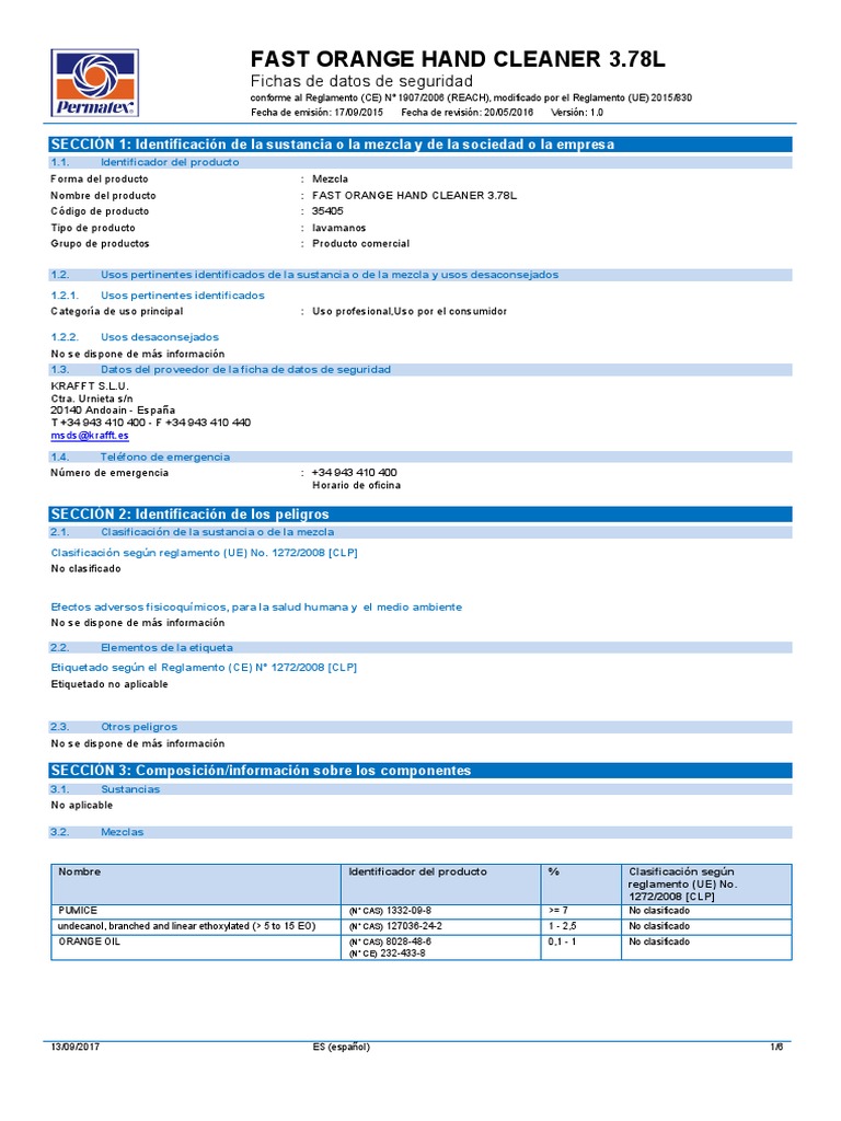 Hoja de Seguridad Fast Orange 3.78L | PDF | Agua | Primeros auxilios