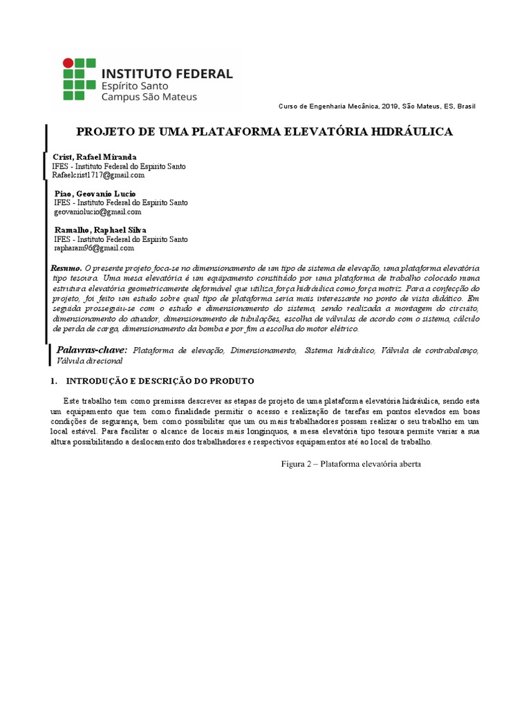 Projeto de Uma Plataforma Elevatória Hidráulica | PDF | Termodinâmica ...