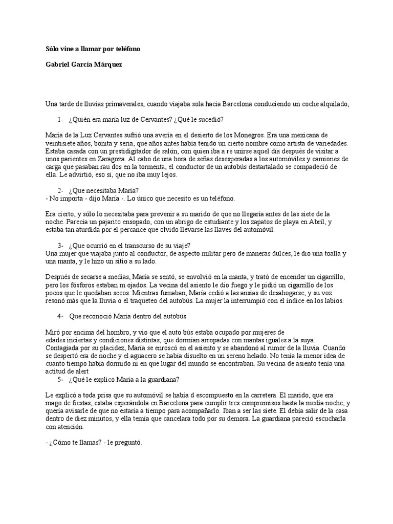 Cuento Solo Vine A Hablar Por Teléfono de G. García Márquez 2 | PDF ...