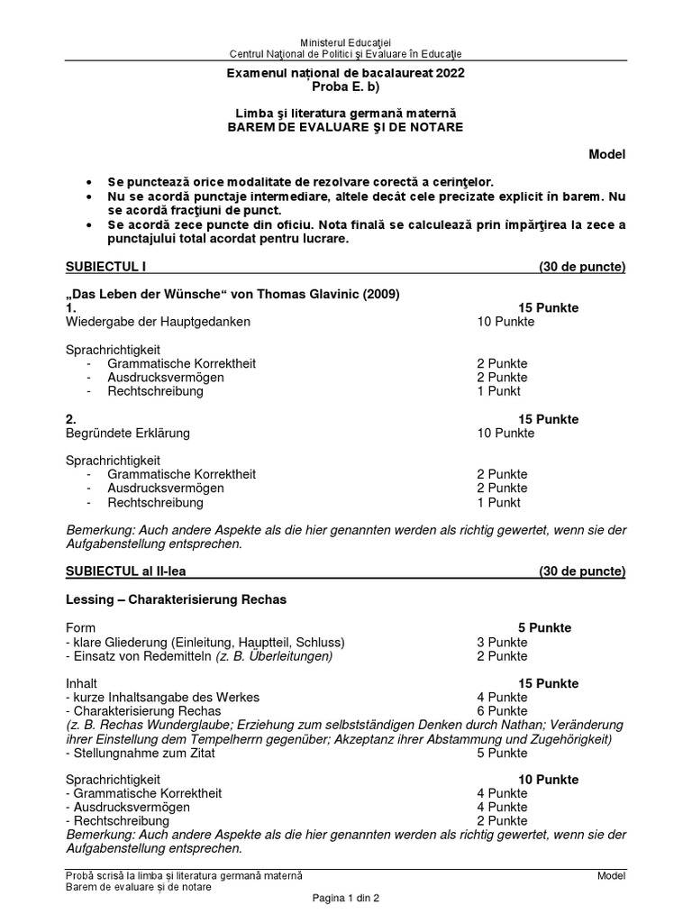 E B Limba Germana Materna 2022 Bar Model | PDF