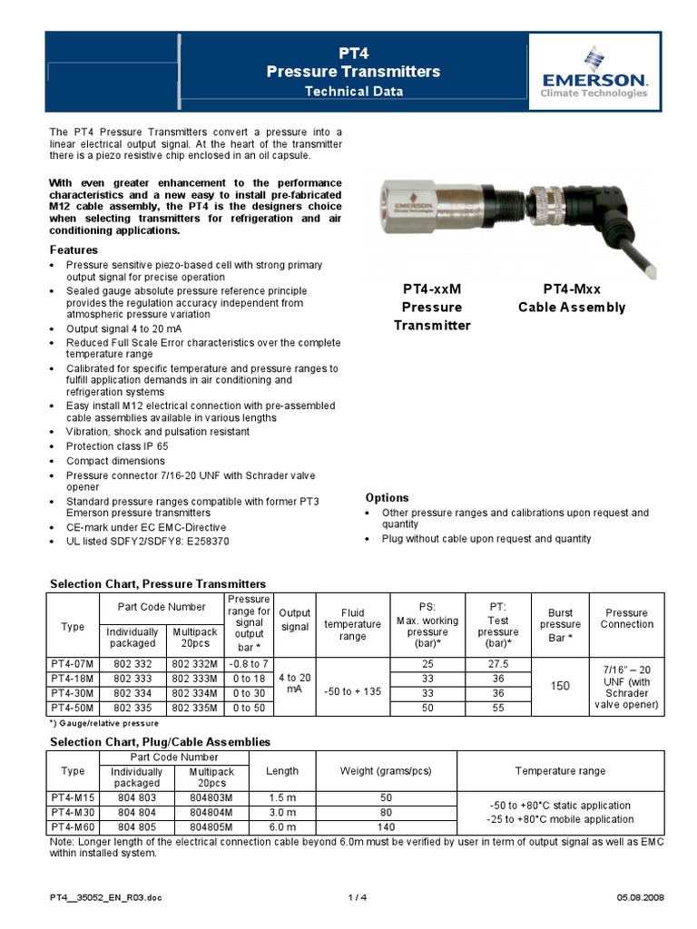 PT4 Pressure Transmitters: Technical Data | PDF | Electrical Connector ...