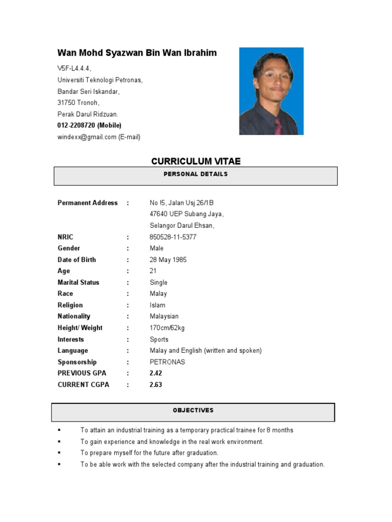 CV Wan Mohd Syazwan Wan Ibrahim | PDF | Mechanical Engineering ...