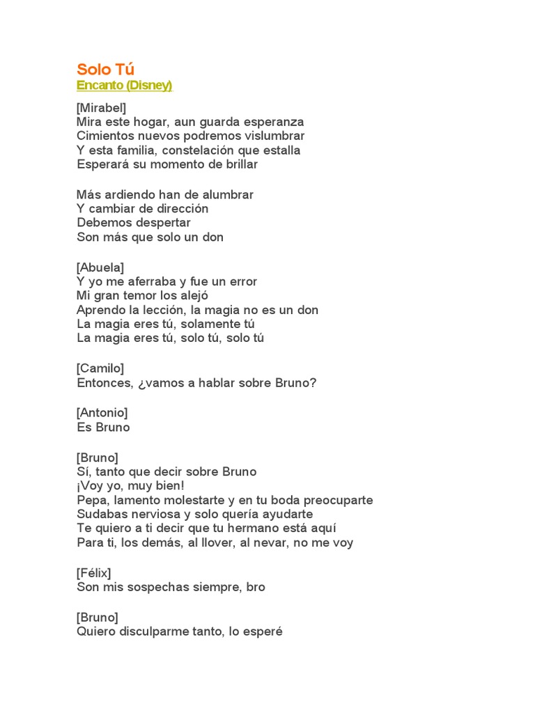 Letra de "Solo Tú" - Encanto | PDF