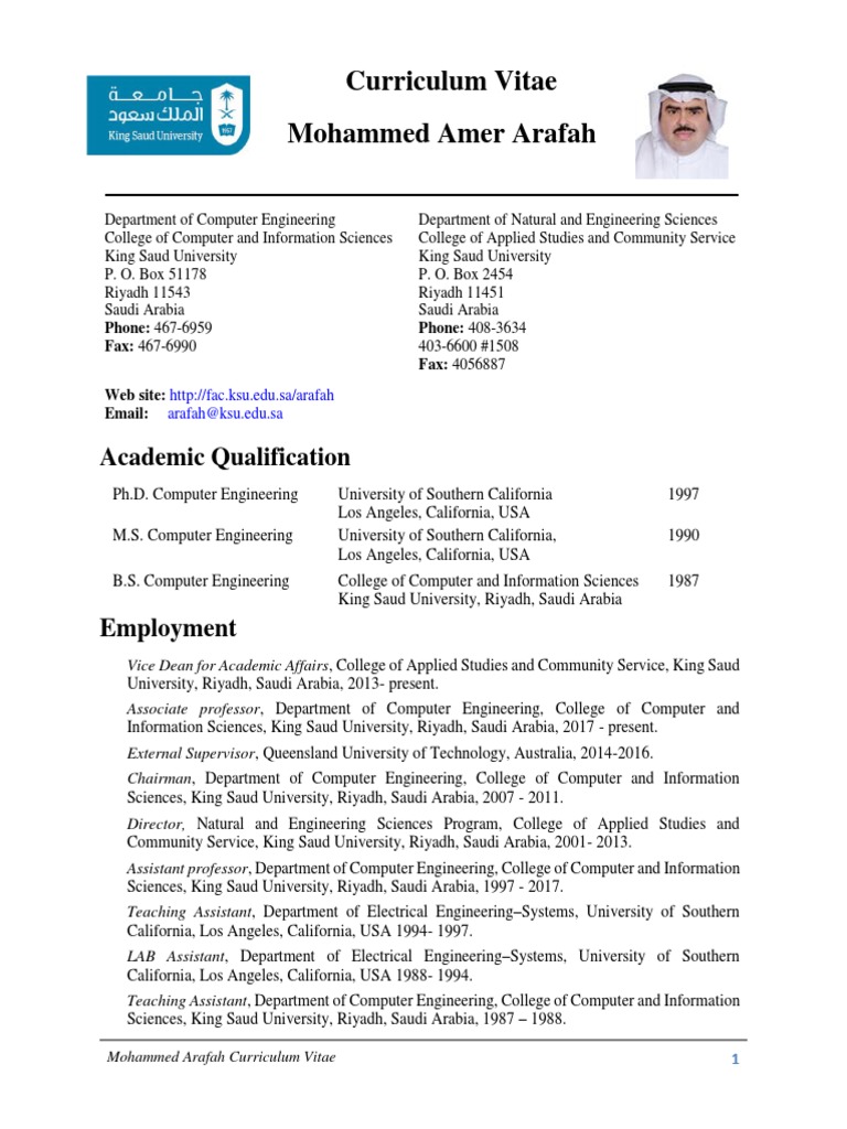 Curriculum Vitae Mohammed Amer Arafah: Academic Qualification | PDF | Saudi Arabia | Riyadh