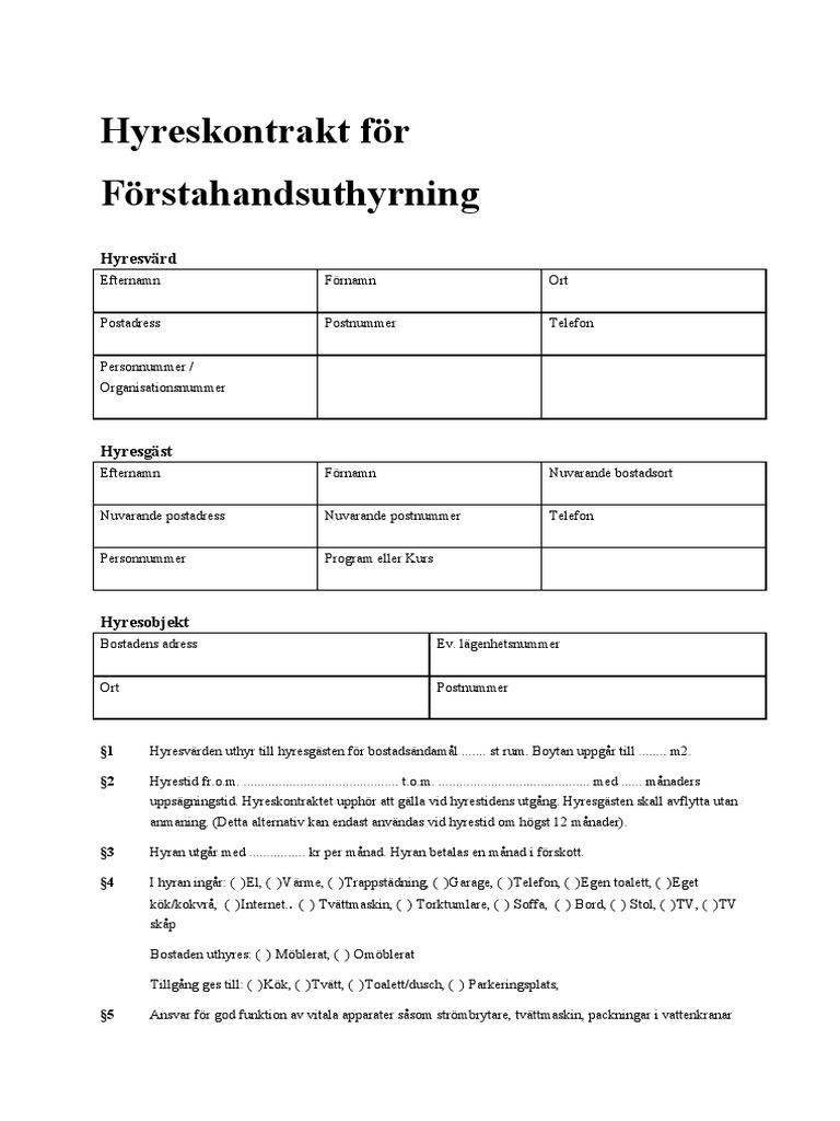 Hyreskontrakt For Andrahandsuthyrning | PDF