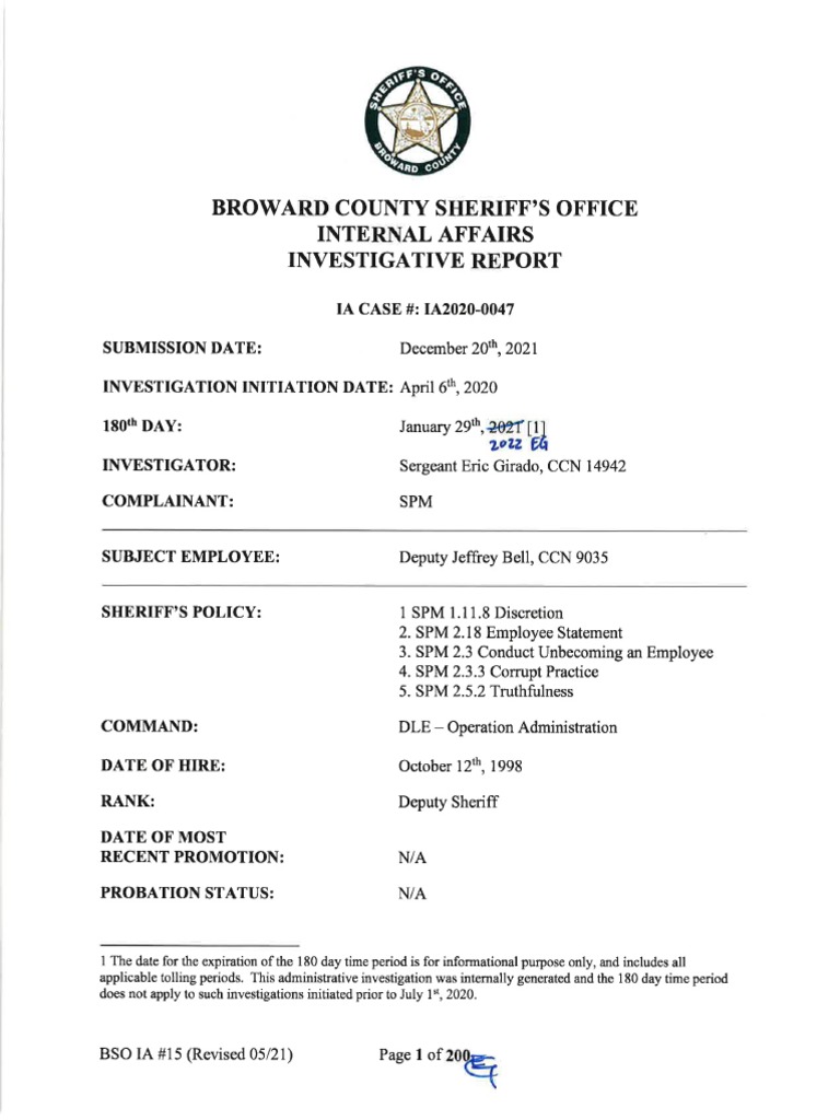 Internal Affairs Investigation Records On Firing of BSO Deputy | PDF