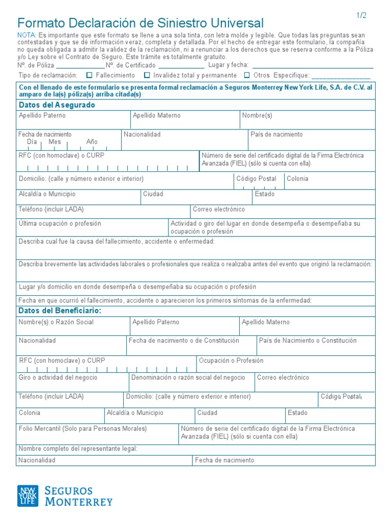 Formato Declaración de Siniestro Universal | PDF | Seguro | Póliza de seguros