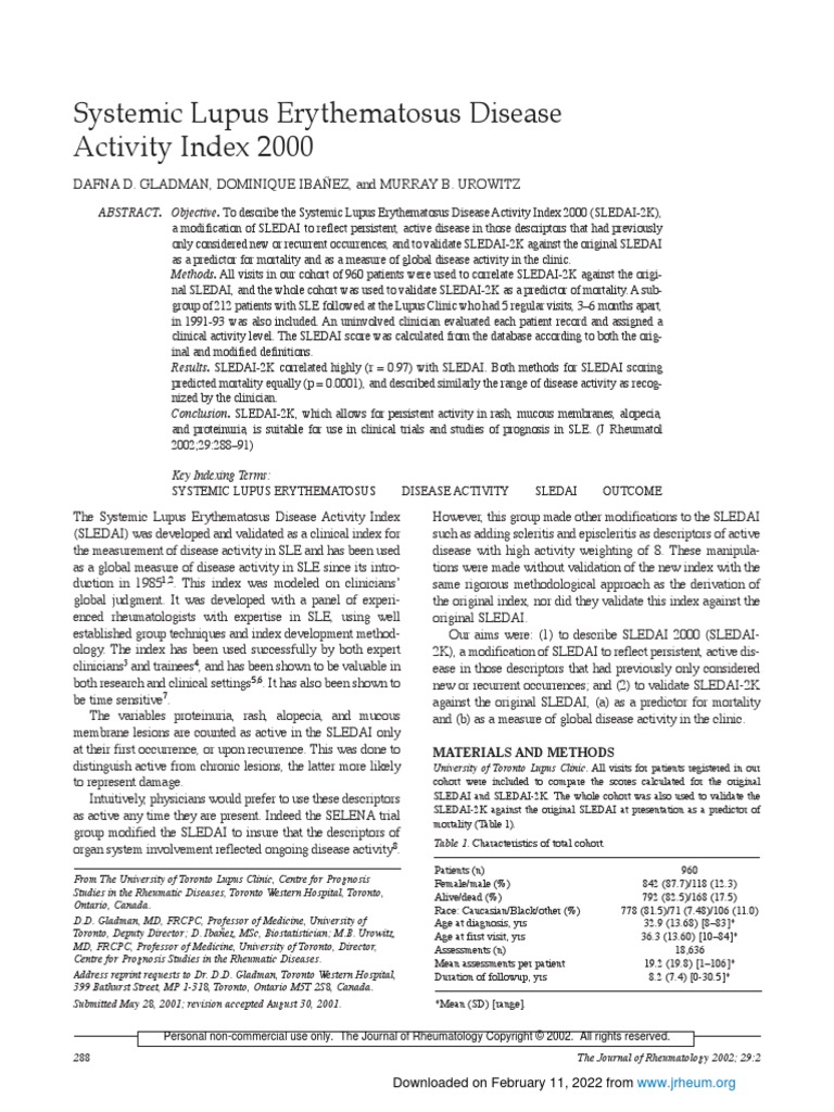 Systemic Lupus Erythematosus Disease Activity Index 2000: Key Indexing ...