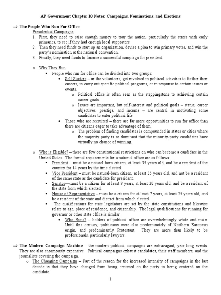 AP Government Chapter 10 Notes: Campaigns, Nominations, and Elections ...
