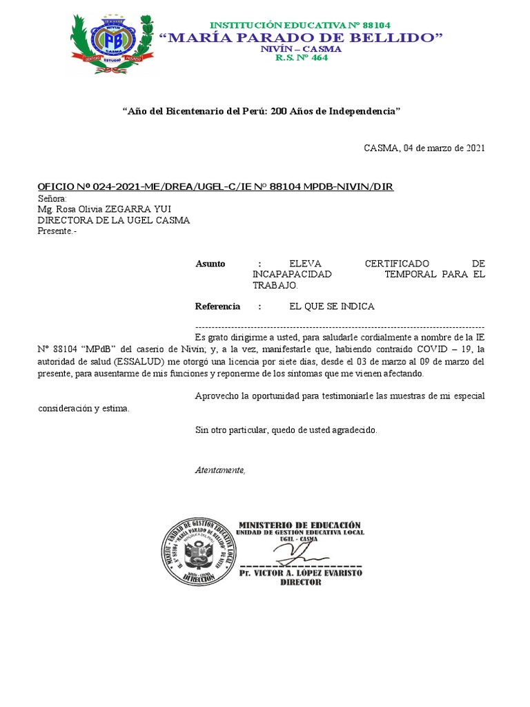 Oficio 024 ELEVA CERTIFICADO DE INCAPACIDAD TEMPORAL | PDF