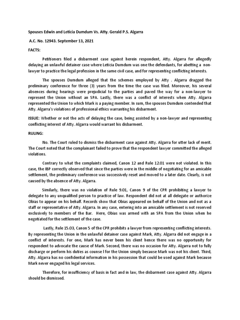 Spouses Edwin and Leticia Dumdum vs. Atty. Gerald P.S. Algarra | PDF | Lawyer | Practice Of Law