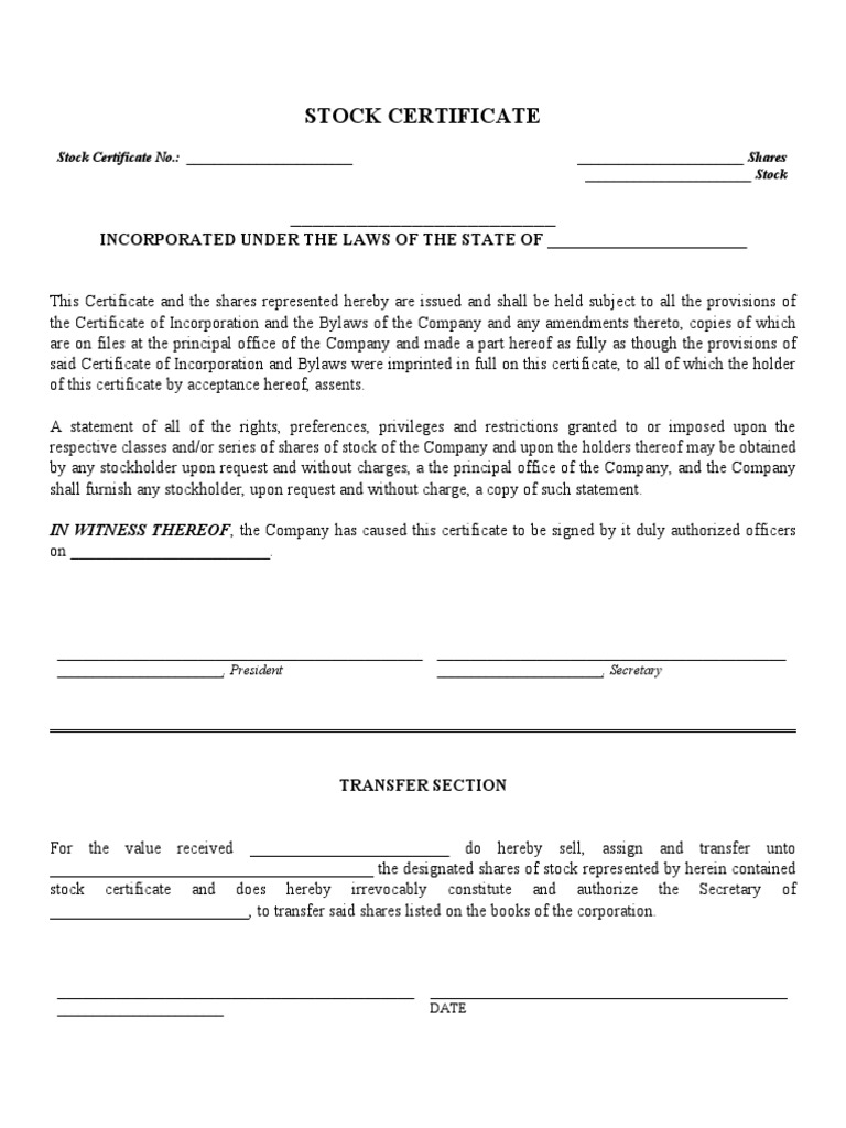 Stock Certificate | PDF | Stocks | Securities Act Of 1933