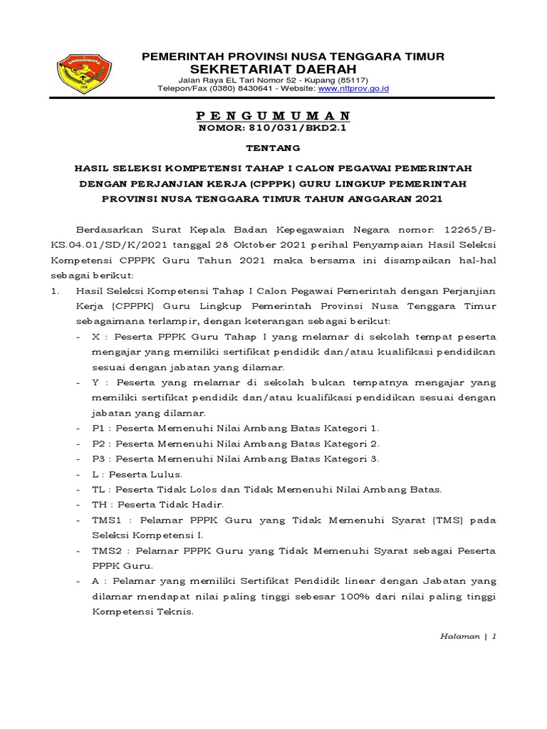 Hasil Seleksi PPPK Guru Pemprov. NTT Tahun 2021 Tahap I | PDF Hasil Seleksi PPPK Guru Pemprov. NTT Tahun 2021 Tahap I | PDF