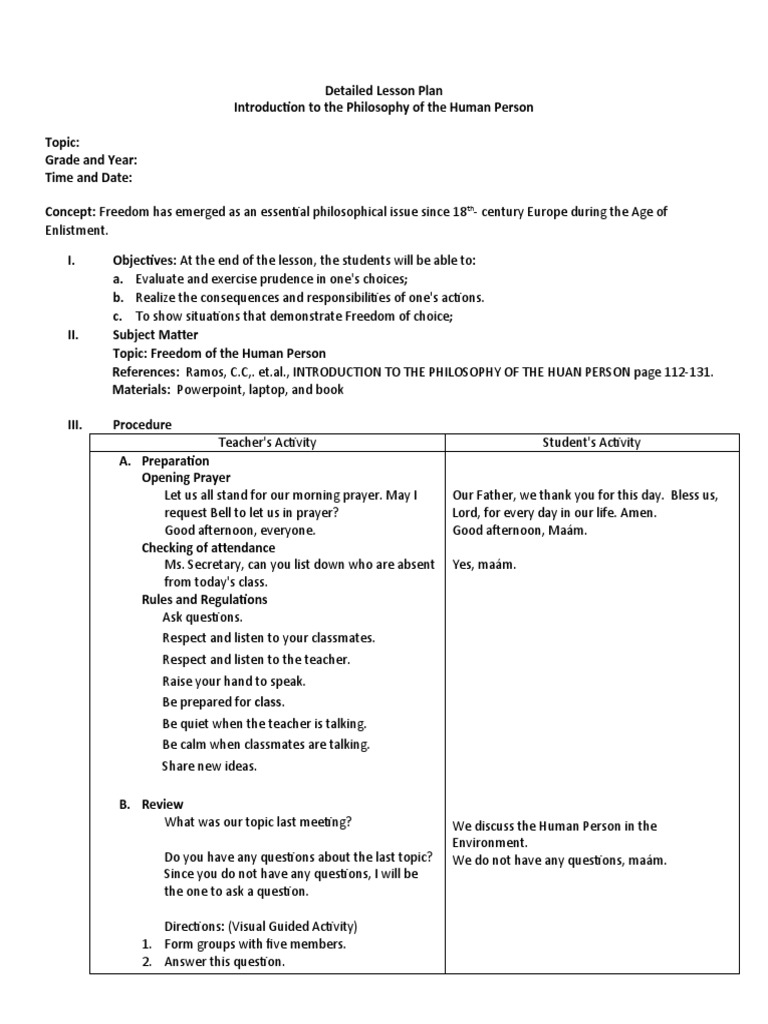 Shs Lesson Plan | PDF | Free Will | Conscience