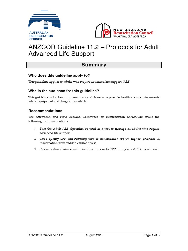 ANZCOR Guideline 11.2 - Protocols For Adult Advanced Life Support | PDF ...