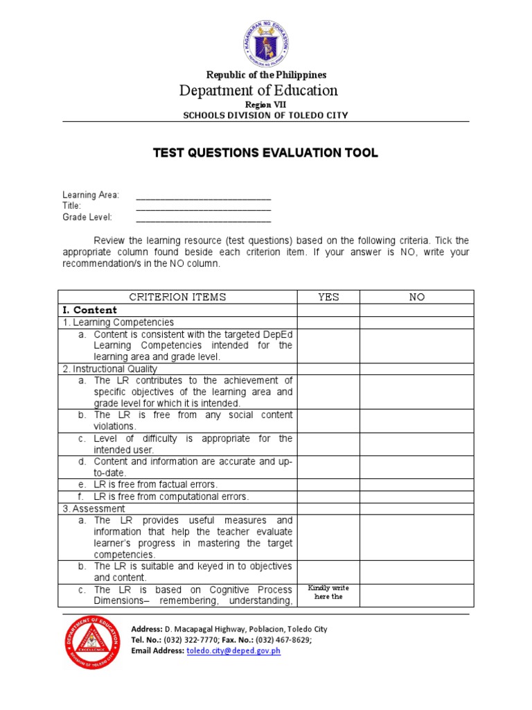 Updated Test Questions Evaluation Tool 1 | PDF | Educational Assessment ...