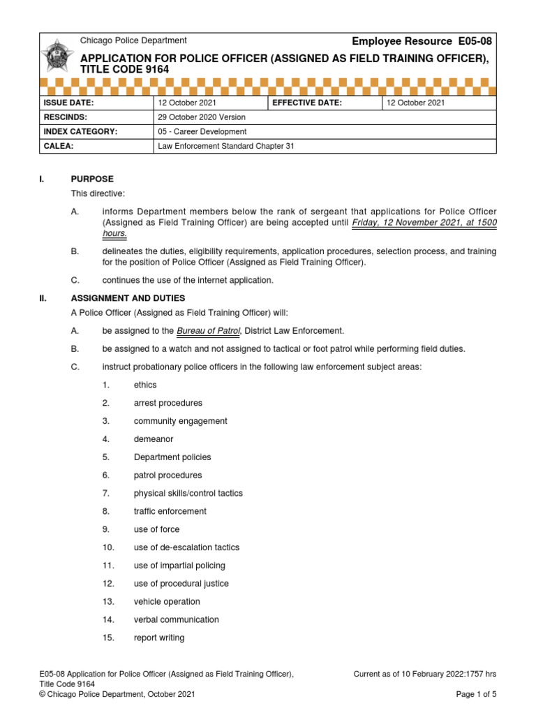 Application For Police Officer (Assigned As Field Training Officer ...