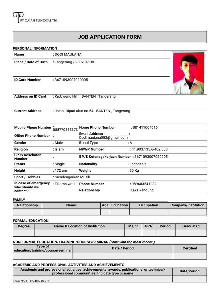 Job Application Form: Form No: F-HR2-002 Rev. 2 | Download Free PDF ...