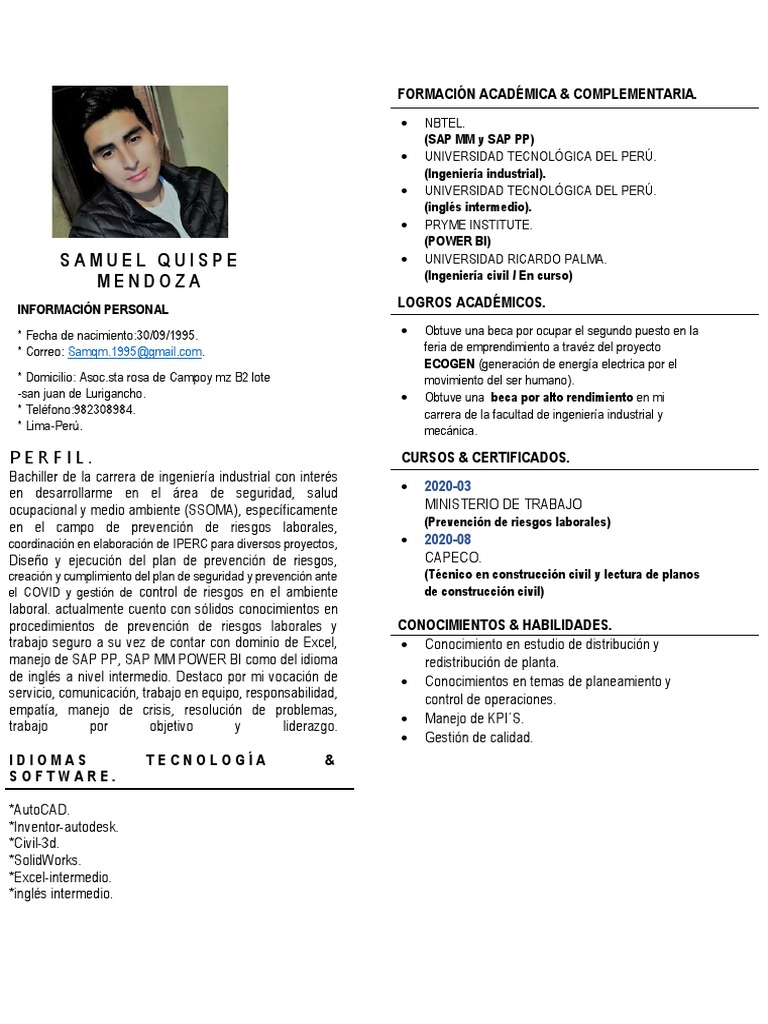 Curriculum Vitae - Samuel Quispe Mendoza | PDF | Seguridad y salud ...