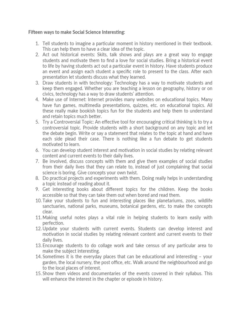 15 Ways To Make Social Studies Interesting | PDF | Cognition | Learning