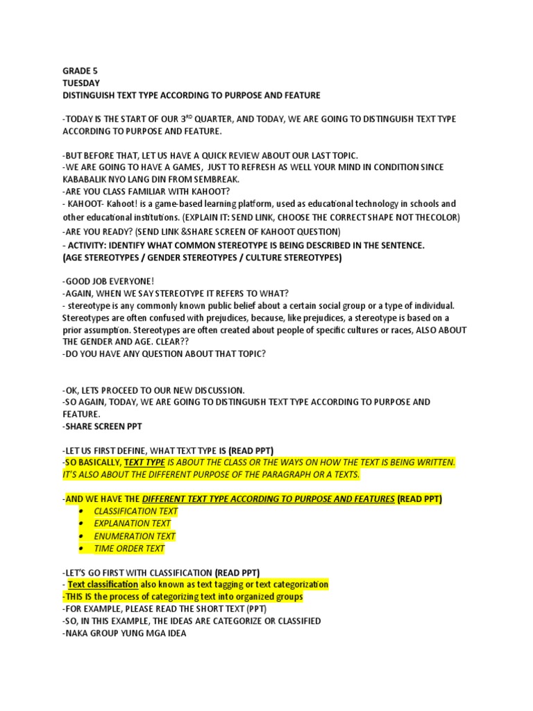 Grade 5 - Distinguish Text Type According To Purpose and Feature | PDF ...