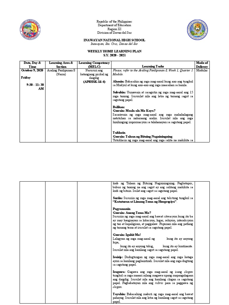 JHS Weekly Home Learning Plan AP | PDF