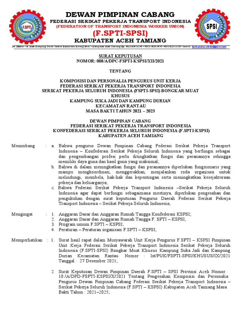 SK Dewan Pimpinan Cabang Bongkar Muat Khusus Tualang Baro | PDF