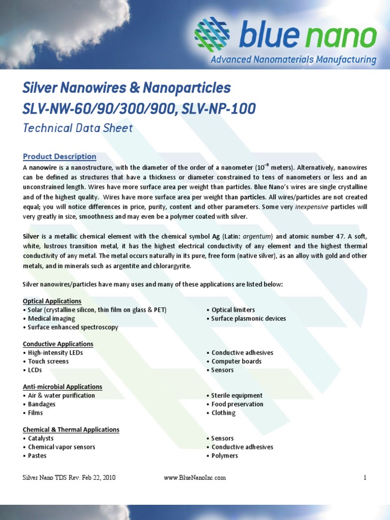 Silver Nanowires and Nanoparticles TDS | PDF | Nanowire | Silver