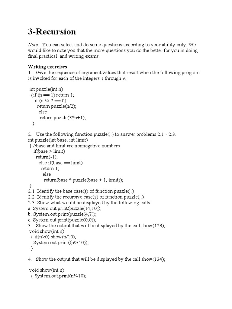 3 Recursion Writing Exercises Pdf Integer Computer Science Subroutine