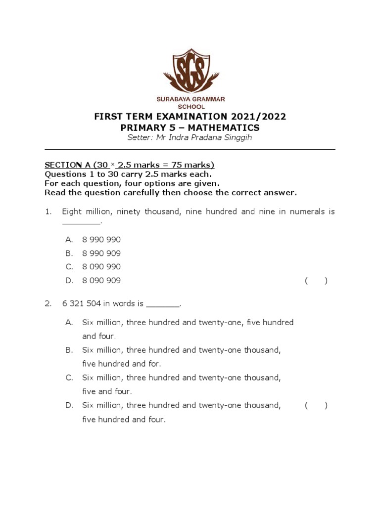 Primary 5 - Mathematics - First Term Examination 2021-2022 | PDF ...
